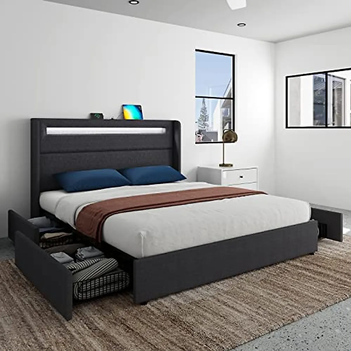 LUXOAK Full LED Bed Frame with Wingback Headboard & 4 Storage Drawers, Upholstered Platform Bed with USB & USB-C Ports, App/Remote Control, Box Spring Optional, Dark Grey…