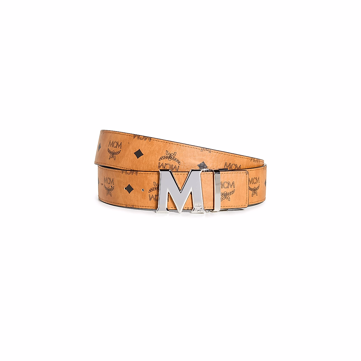 MCM Men's Claus Reversible Belt, Cognac, Tan, Graphic, Silver, One Size