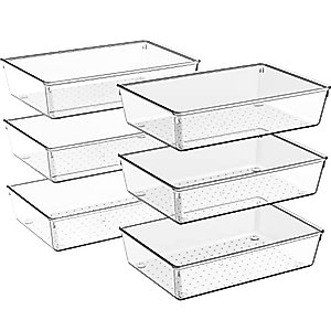 Criusia 6 Pack Large Size Clear Plastic Drawer Organizers, Versatile Acrylic Kitchen Drawer Organizer Stackable Bathroom Drawer Organizer Trays, Storage Bins for Makeup, Bathroom, Kitchen and Office