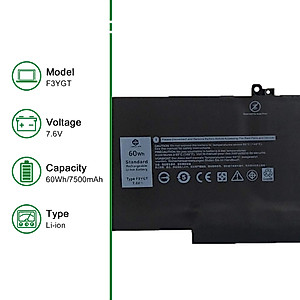 JIAZIJIA F3YGT Laptop Battery Replacement for Dell Latitude 7280 7290 E7280 E7290 7380 7390 E7380 E7390 7480 7490 E7480 E7490 Series Notebook DM3WC 0DM3WC 2X39G 7.6V 60Wh 7500mAh