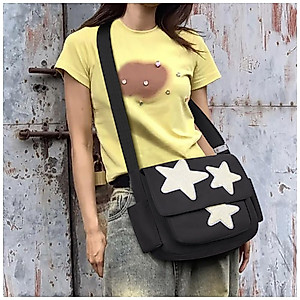Cute Messenger Bag, Aestheatic Nylon Crossbody Bag Y2k Tote Bag, Star Shoulder Purse for Women Teen, Black