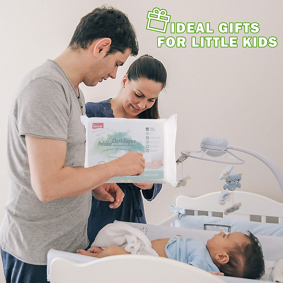 Prefold Cloth Diapers, Fasoar 3 Ply Baby Washable Cotton Diapers Covers for Babies to Toddlers Multi-Use (10-35 lbs) Count(12)