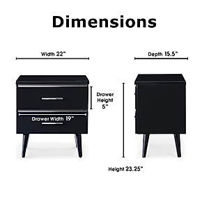 Adore Décor Lennox Mid-Century Side Table 2 Drawers Storage Nightstand, Matte Chrome Handle, Black