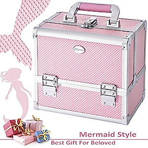 Joligrace Makeup Train Case Cosmetic Box 10 Inches Jewelry Organizer Professional 3 Tiers Trays with Mirror and Brush Holder Lockable Key Portable Travel Mermaid Pink