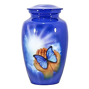 THE ASCENT MEMORIAL Urn for Human Ashes Adult Male Female | Butterfly Printed Large Funeral Urn | Complimentary Small Keepsake Vial | 2 Velvet Carry Bags for Urns and Keepsakes