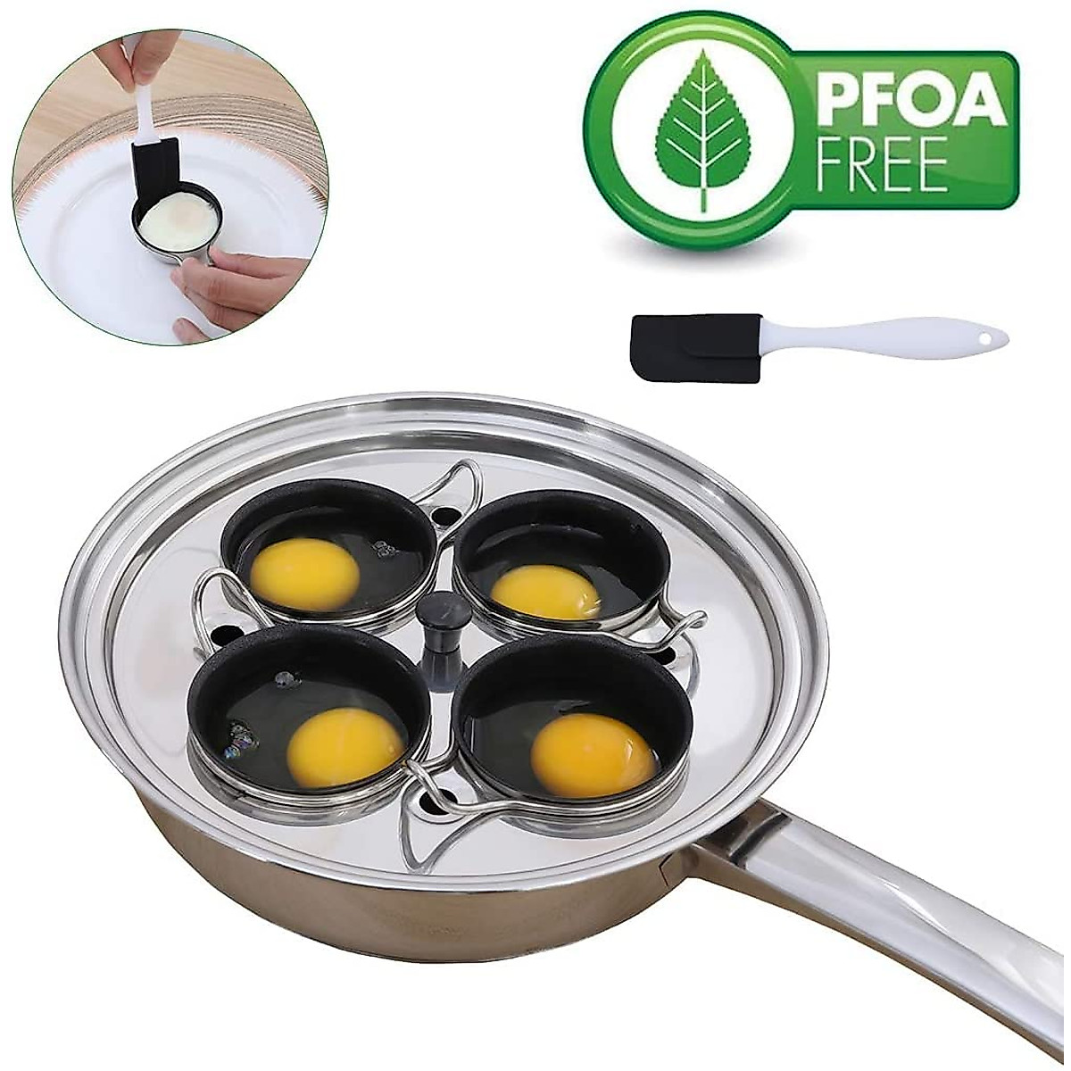 4 Cups Egg Poacher Pan - Stainless Steel Poached Egg Cooker – Induction Cooktop Egg Poachers Cookware Set with 4 Nonstick Large PFOA FREE Egg Poacher Cups and Silicone Spatula