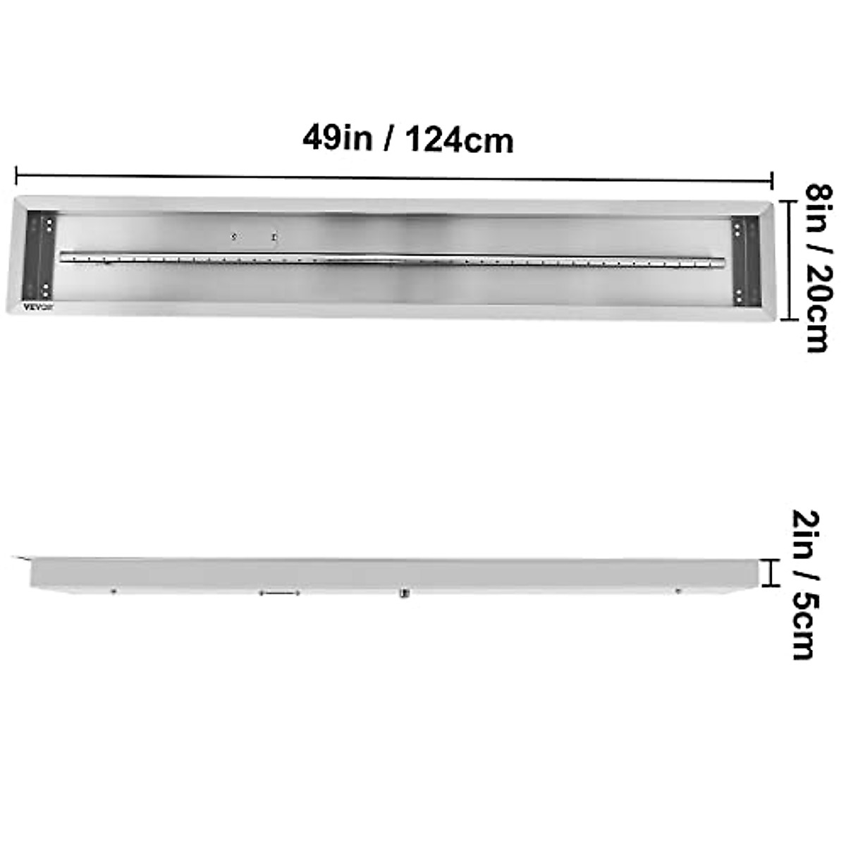 VEVOR Fire Pit Pan 49x8 Inch, Stainless Steel Linear Trough Fire Pit Pan and Burner, Built-in Fire Pit Burner Pan, 90K BTU