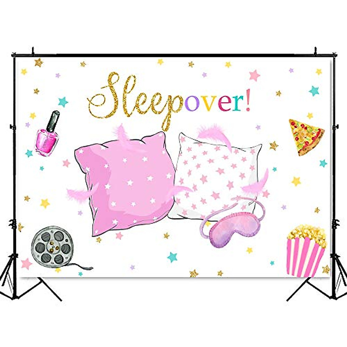 Mocsicka Sleepover Party Backdrop Sleepover Pajamas Pillow Fight Pink Girl Party Decorations Slumber Party Banner Photography Background Cake Table Studio Props (5x3ft)
