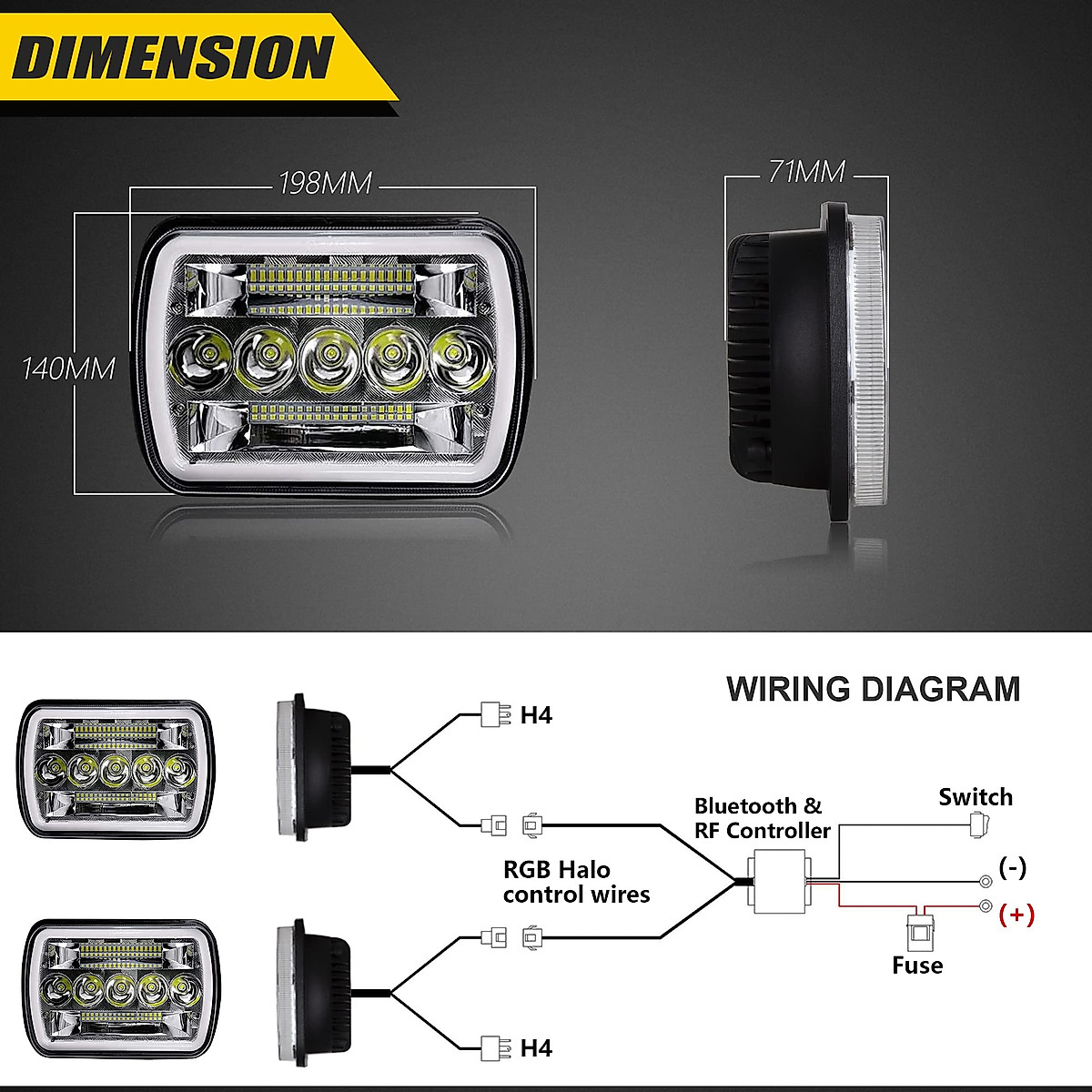 Nicoko H6054 Led Headlights 5x7 7x6 Led Headlamp High/Low Sealed Beam with RGBW Halo Function for Wrangler Cherokee YJ XJ Ford E250 GMC Dodge Truck Van with H4 Plug pack 2