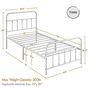 Topeakmart White Sturdy Metal Platform Bed Frame Mattress Foundation Iron-Art with Classic Victorian Style Headboard and Footboard Under Bed Storage No Box Spring Needed Twin Size