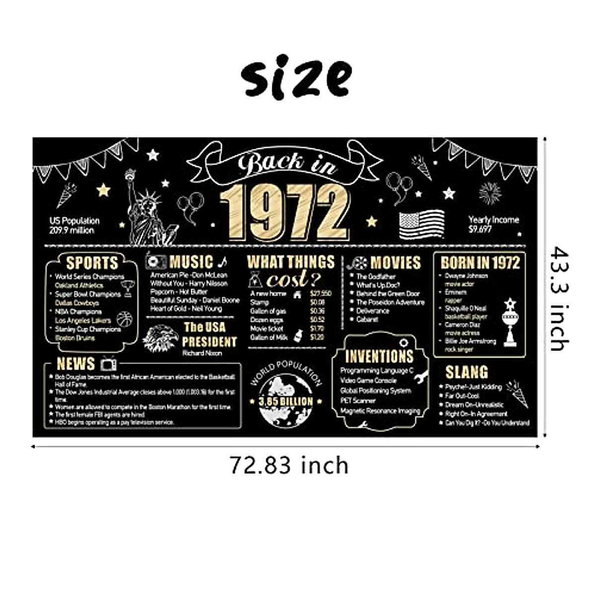 Large 51st Birthday Banner Backdrop Decorations for Men Women, Black Gold Back in 1972 51 Birthday Sign Party Supplies, Happy Fifty-one Birthday Background Decor for Outdoor Indoor