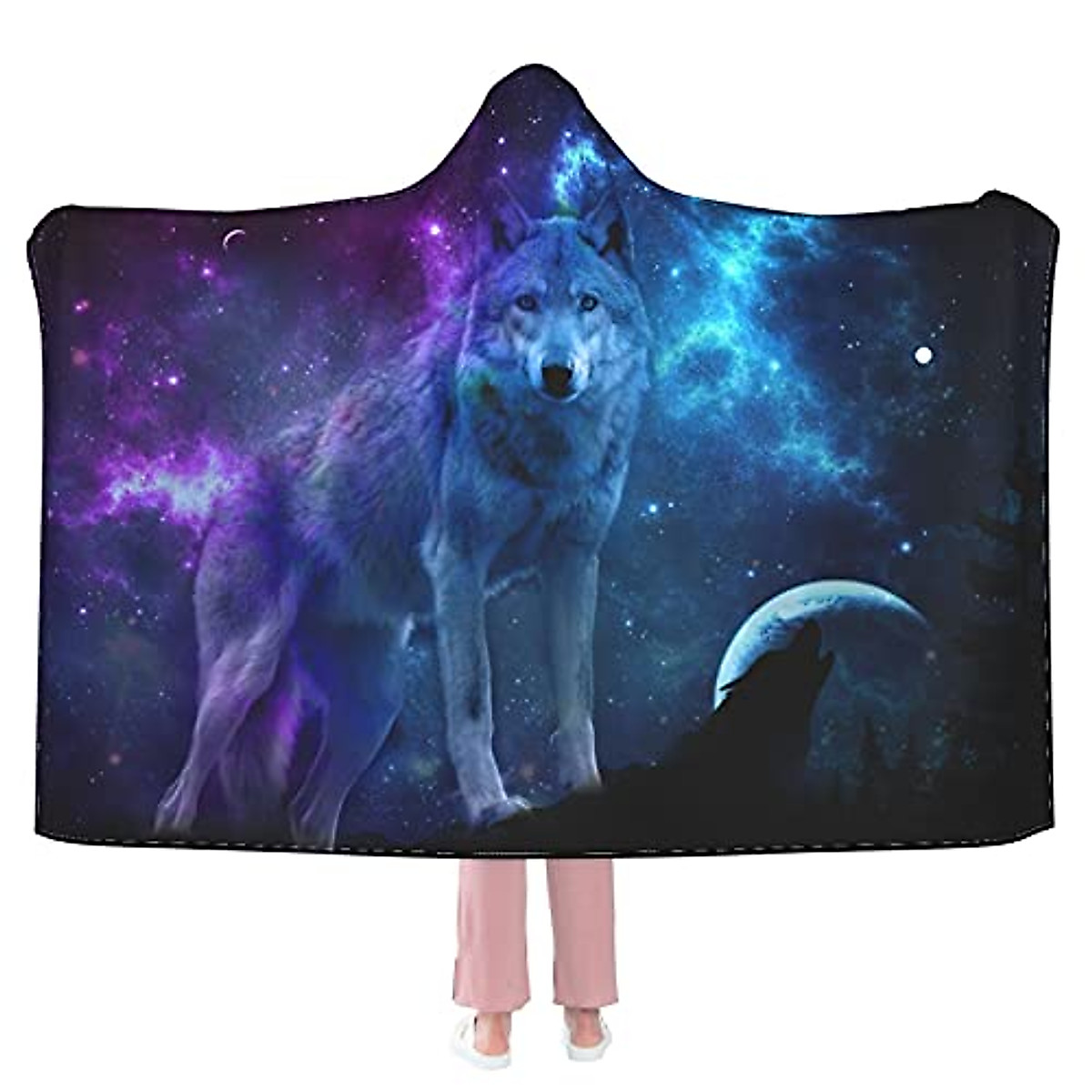 Galaxy Wolf Hooded Blanket Anti-Pilling Flannel Wearable Blanket Hoodie-Plush Warm Blanket Throw Blankets Fit for Kids, Adults, Teens