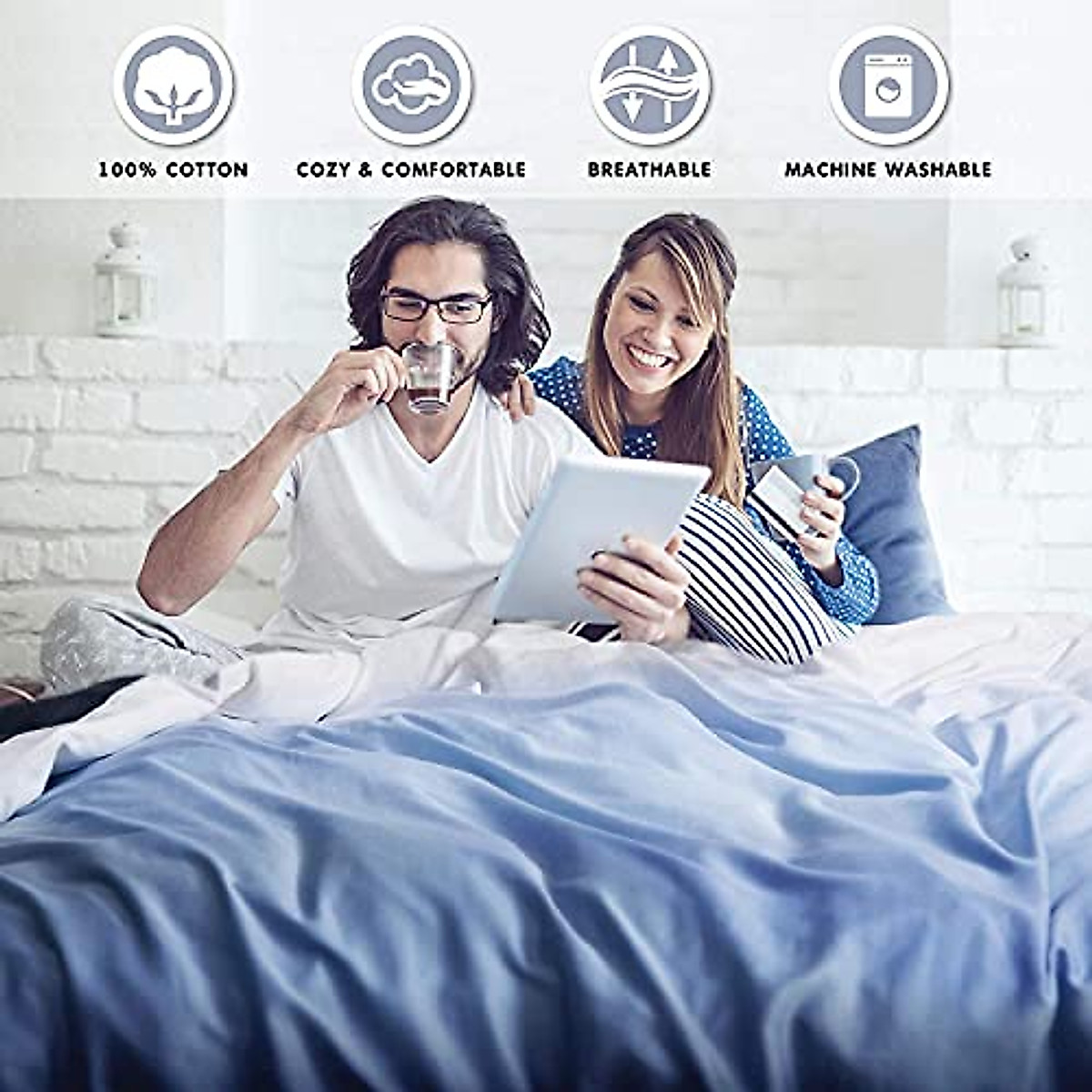 Madison Park 100% Sateen Cotton Comforter Set, Breathable, Soft Cover, Trendy, All Season Down Alternative Cozy Bedding with Matching Shams, Full/Queen (90 in x 90 in), Indigo Blue 3 Piece