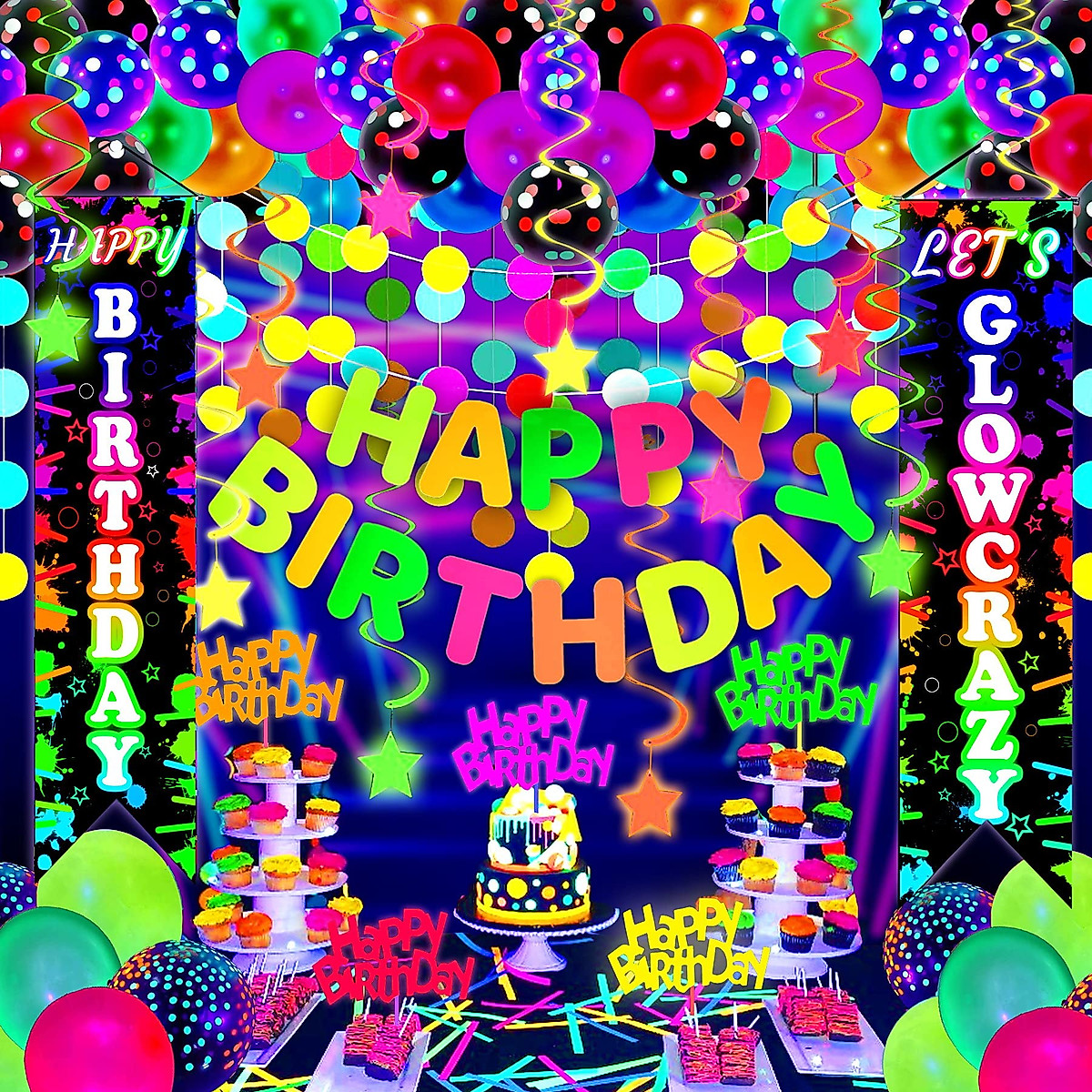 Glow in The Dark Birthday Party Decorations Supplies, Neon Birthday Party Decorations with Neon Balloons Garland,Porch Party Sign Let's Glow Crazy for Glow in The Dark Party supplies, Neon Party Decor