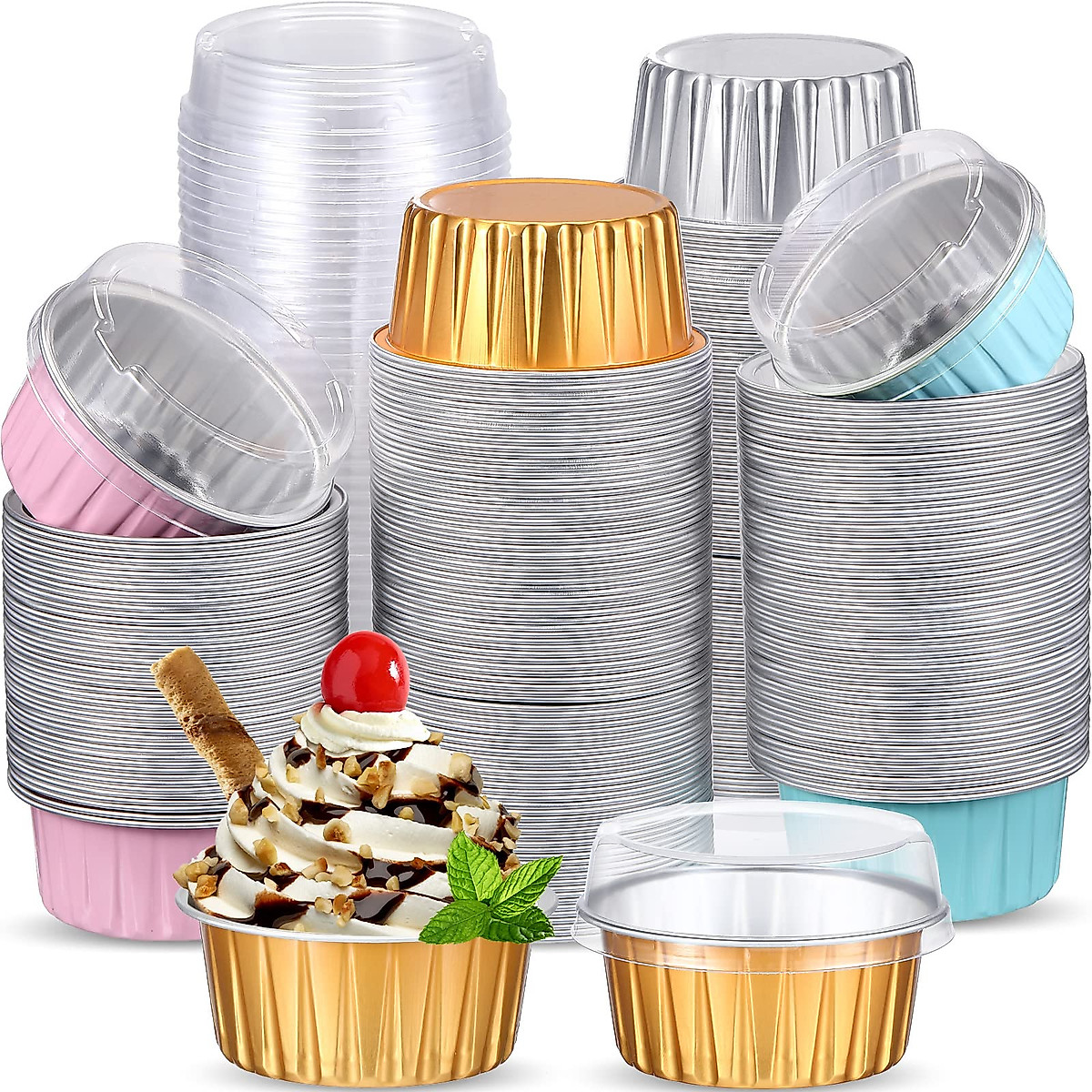 150 Pcs Cupcake Liners with Lids 5 oz Aluminum Foil Cupcake Baking Cups Disposable Ramekins Muffin Cups Mini Aluminum Pans with Lids Cupcake Holder for Creme Brulee or Cupcake(Gold Silver Pink Blue)