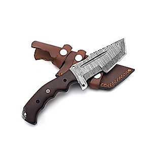 Handmade Damascus Tracker Knife 10 Inches Fixed blade hunting knife with Horizontal carry leather sheath Damascus steel fixed blade for hunting camping Skinning survival, rosewood handle.