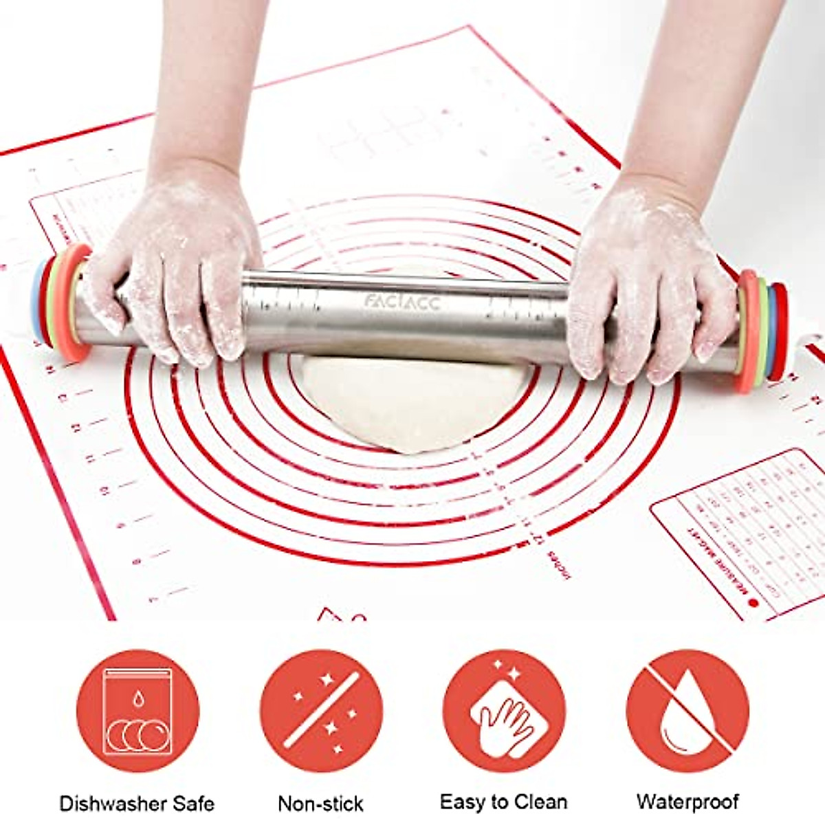 FACIACC Adjustable Rolling Pin with Thickness Rings Adjustable Stainless Steel 17.3 inch Christmas Rolling Pins with Silicone Baking Mat for Baking Dough, Pizza Pie, Pastries, Pasta and Cookies