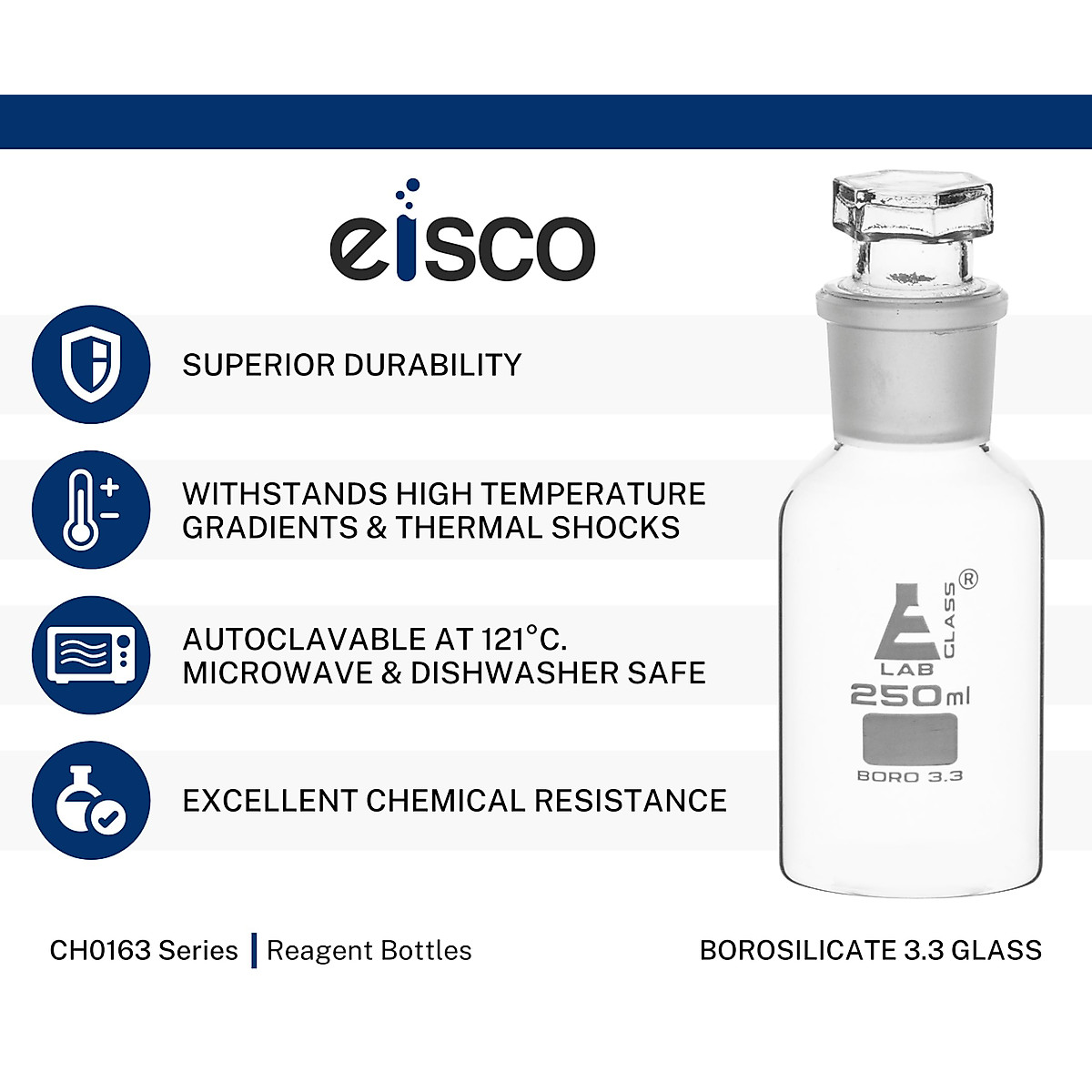 Eisco Labs 60ml Reagent Bottle - Borosilicate Glass with Wide Mouth and Stopper
