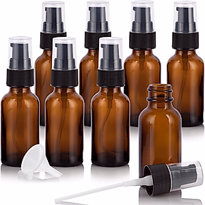 JUVITUS 2 oz Amber Glass Boston Round Black Treatment Pump Bottle (8 pack) + Funnel
