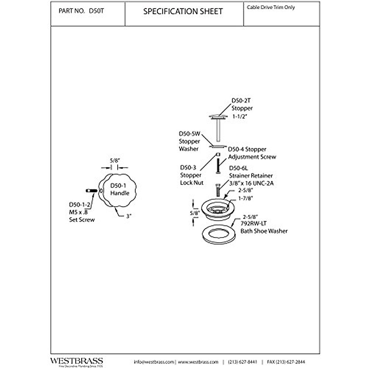 Westbrass Standard Trim for Cable Drive Bath Waste, Polished Chrome, D50T-26