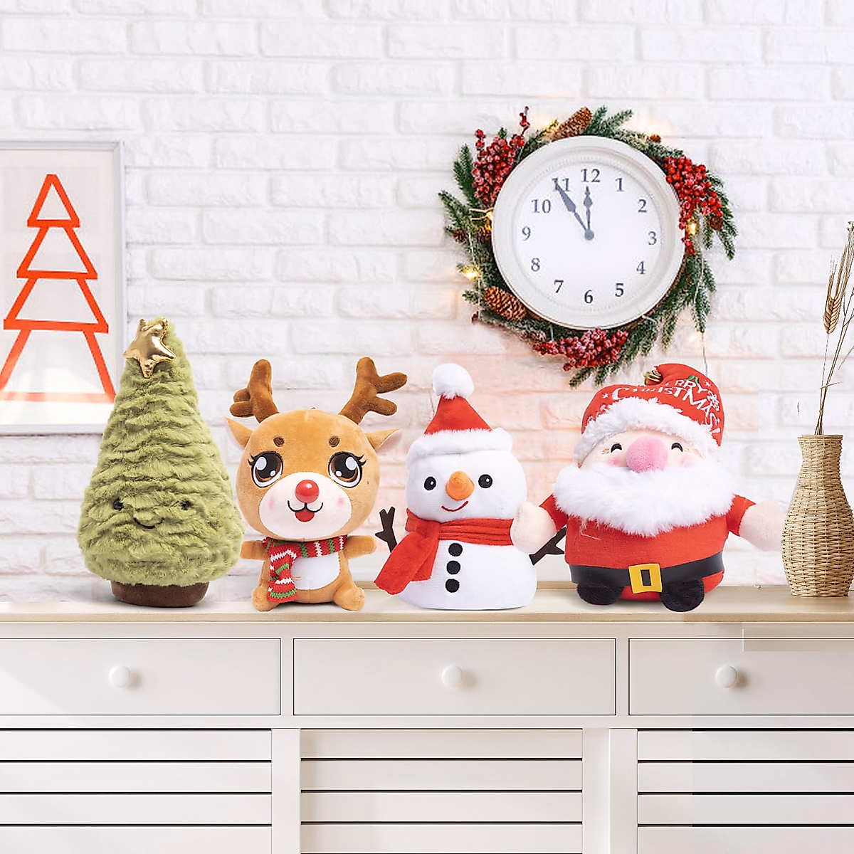 8 Pcs Christmas Plush Toy Set with Carrier Purse Bag -Snowman Santa Elk Christmas Tree Stuffed Animal Dolls Gifts for Kids,Two Plushie Flower and One Santa Hats for Complete Playset