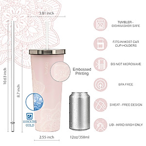 bzyoo SUP Double Wall Vacuum Insulated Tumbler with Straw and Lid Stainless Steel Water Bottle Cold Drink Travel Mug Cup, Valentines Gifts For Him & Her (710ml) Color: Mandala Pink