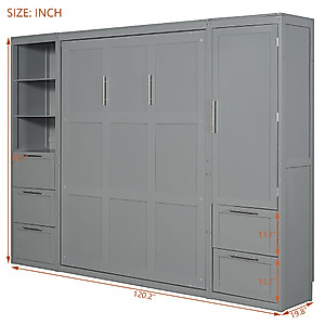 Modern Queen Size Murphy Bed with Closet, Drawers and Shelves, Cabinet Bed Folding Wall Bed for Guest Room, Office (Gray@1)