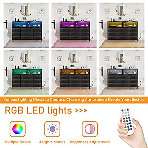 eiskah Black Dresser for Bedroom, 9 Drawers Led Dresser TV Stand with Power Outlets and LED Lights, Long Fabric Dressers Wide Chest of Drawers with Large Organizer for Living Room, Entryway, Hallway