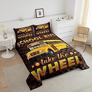 School Bus Comforter Set Queen for Boys Teens Grids Camouflage Quilted Duvet Kids Girls Youth School Car Bedding Set Lattice Camo Design Soft Microfiber Bedding Comforters With 2 Pillowcases