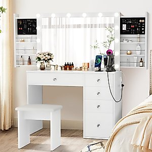 Makeup Vanity Desk with Lighted Mirror & Power Outlet & 5 Drawers, Vanity Table with 3 Lighting Modes Brightness Adjustable, Sliding Storage, White Vanity Set for Bedroom