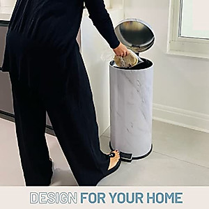 AWENN - Kitchen Garbage Trash Can with Lid and Pedal - Touchless Round Shape Waste Bin - Stainless Steel Dustbin with Removable Inner Bucket for and Outdoors – White (7.9 Gallon – 29 Liters)