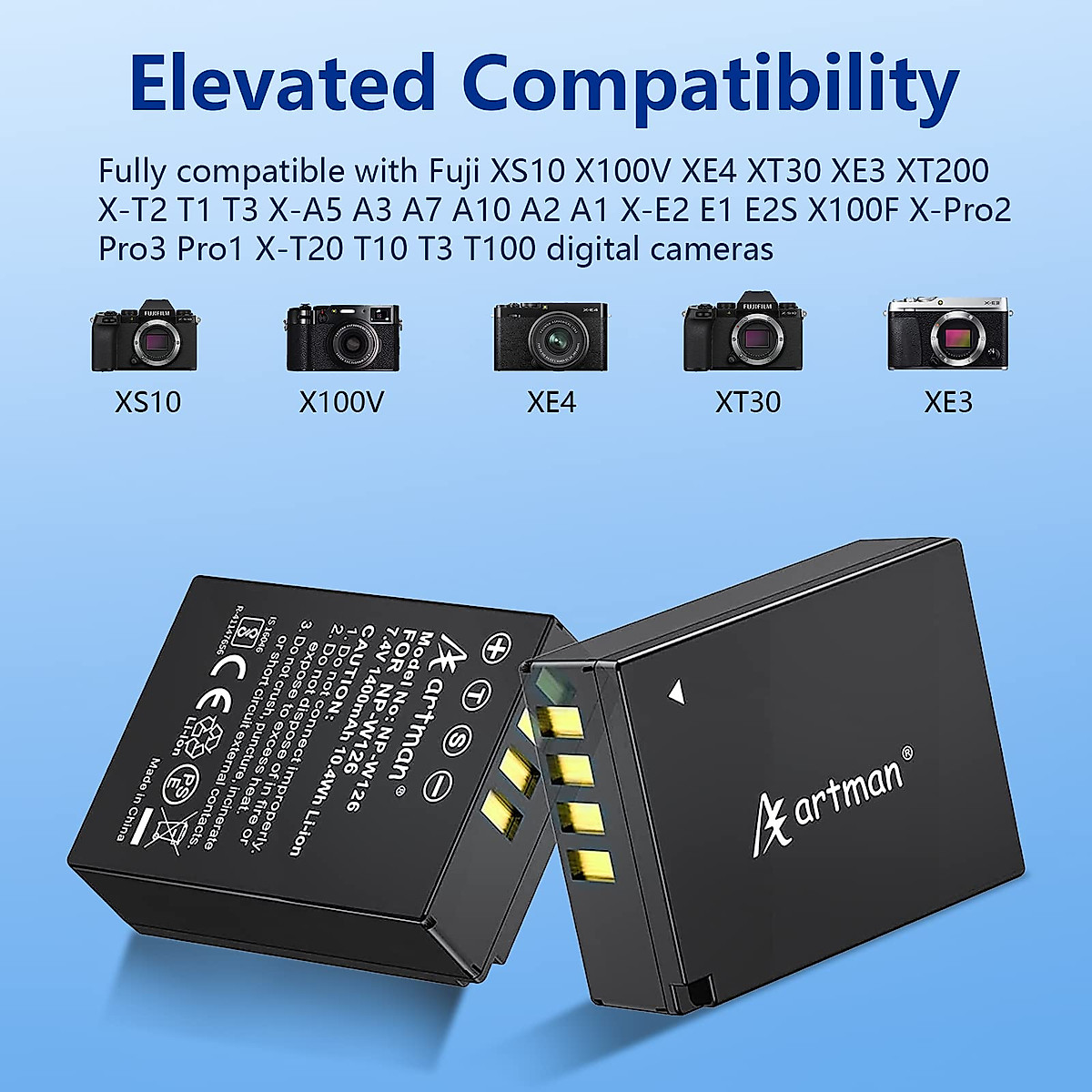 Artman NP-W126 NP-W126S Battery and LCD Dual Charger for Fujifilm X100V, X100VI, X100F, X-T100, X-T200, X-T1, X-T2, X-T3, X-T10, X-T20, X-T30 II, X-S10, X-A5, X-A10, X-E4, X-Pro2, X-Pro3 (2-Pack)