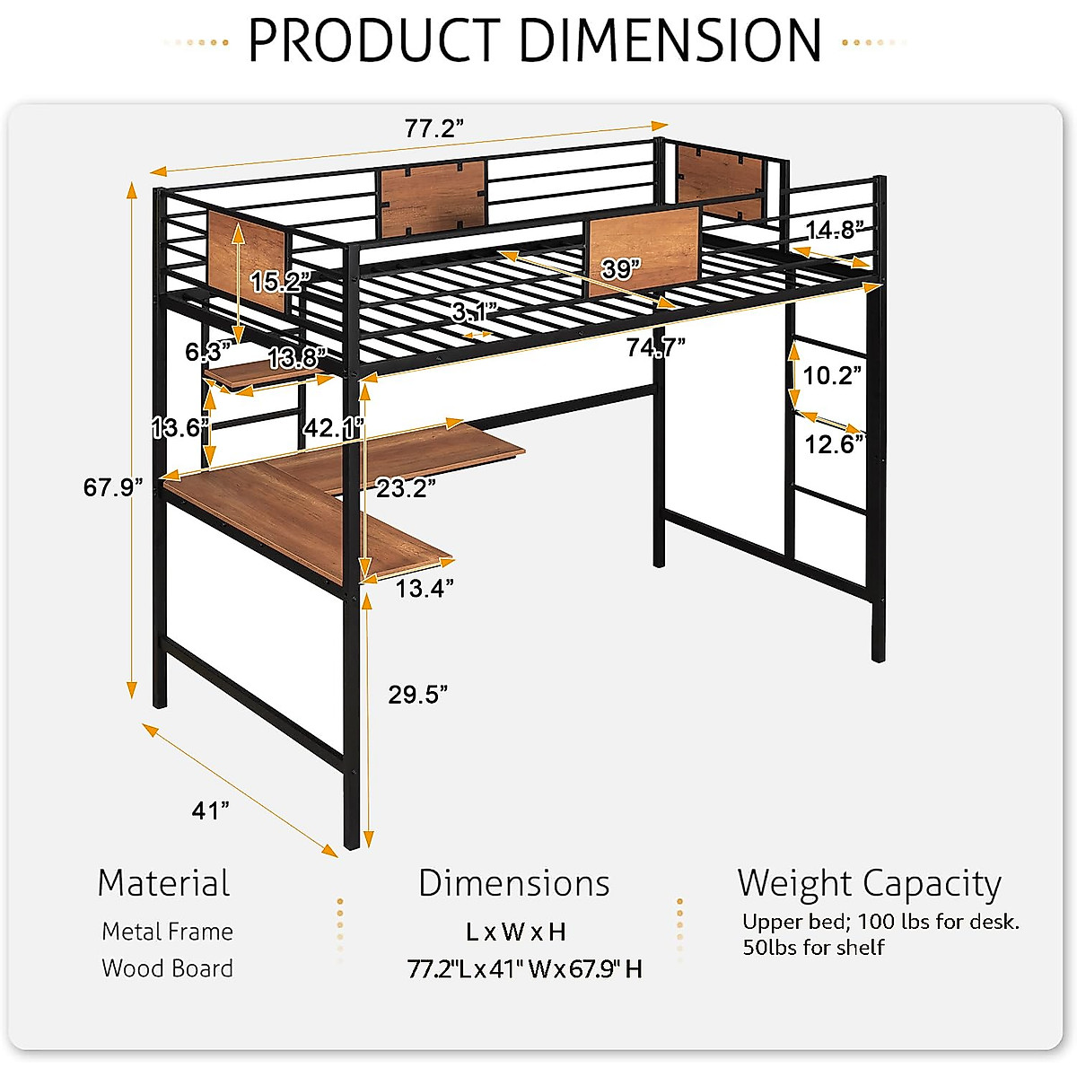 Metal Loft Bed Frame, Twin Size Loft Bed with Desk and Storage Shelves, Metal Bed Frame with Safe Guardrail & Ladder for Kids Teens Adults, Space Saving Loft Bed, No Box Spring Needed (Black 1)