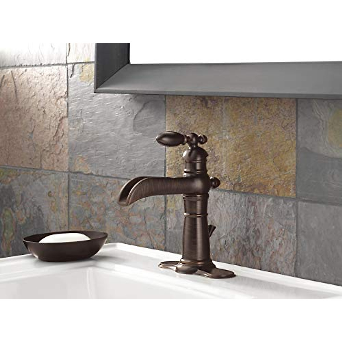 Delta Faucet Victorian Bronze Bathroom Faucet, Single Hole Bathroom Faucet, Waterfall Faucet, Single Handle, Metal Drain Assembly, Venetian Bronze 554LF-RB