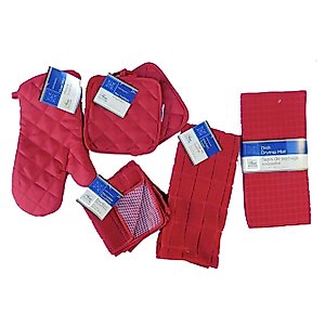 Home Collection Red Kitchen Linen Bundle Package Oven Mitts (2) Pot Holder (2) Kitchen Towel (1) Dish Cloths (2), Dish Drying Mat (1)