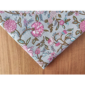 Craftbot Hand Block Print Fabric by The Yard - PRECUT 3 Yards 42 inch Width 100% Cotton Material Grey Floral Pattern Light Weight Indian Cloth for Making Kurti Summer Dress Salwar Kameez, and Pink