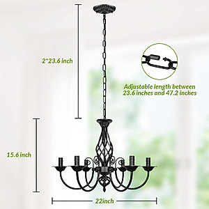 6-Light Farmhouse Candle Chandelier for Living Room, Rustic Industrial Pendant Ceiling Light fixture, Vintage Hanging Lamp for Bedroom Hallway Kitchen Dining Room Foyer, Matte Black E12 Socket