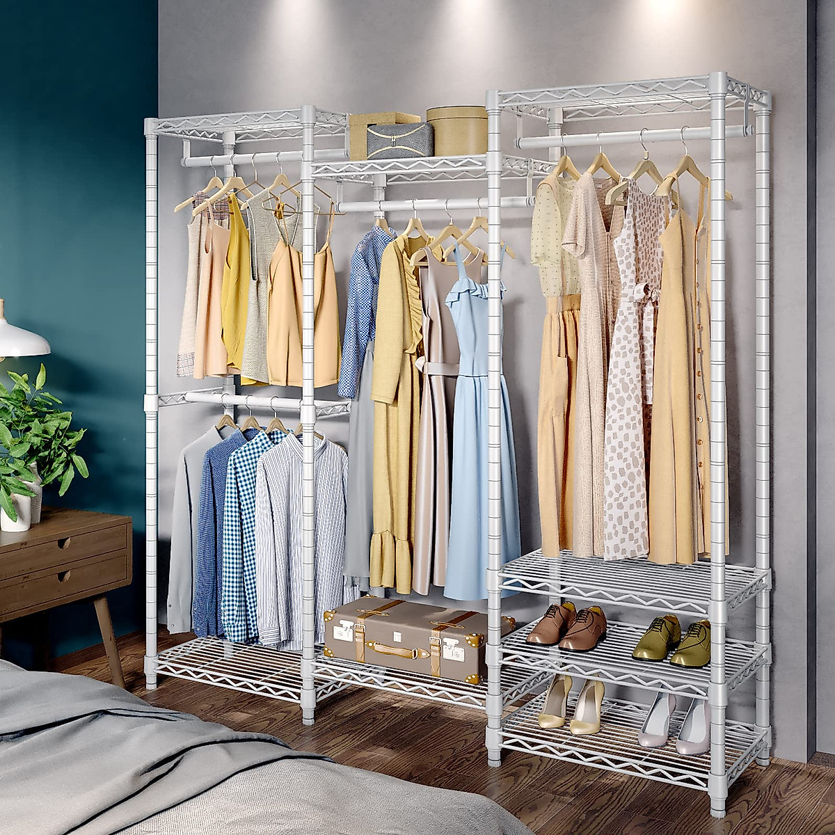 VIPEK V5 Portable Closet Wardrobe Heavy Duty Clothes Rack, Freestanding Closet Metal Clothing Rack with 4 Hang Rods & 8 Shelves, Adjustable Custom Closet Rack, 56.7" Lx15.7 Wx76.4 H, White (Medium)