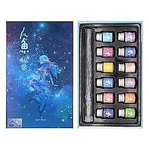XIAOYU Mermaid Story Glass Pen, Mermaid Story Glass Dip Pen Ink Set, Mermaid Story Calligraphy Dip Pens, Starry Sky Crystal Calligraphy Pen and Ink Set with 12 Colorful Inks, Purple