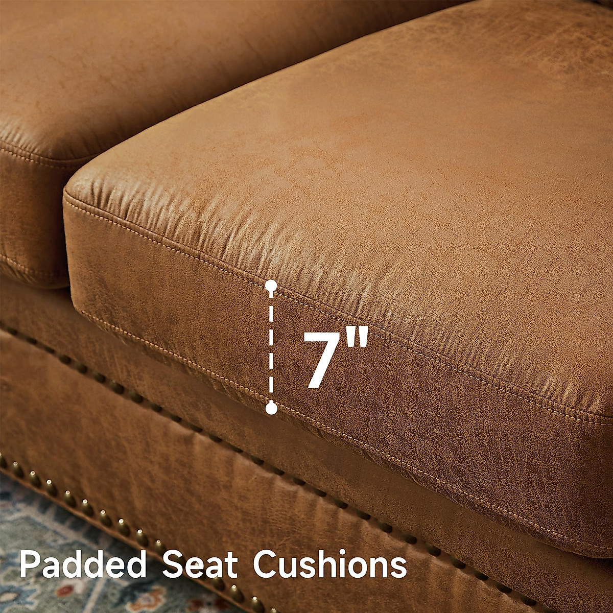 ONBRILL 84" Faux Leather Couch, Mid-Century Modern Couch w/Brass Nailhead Trim, 3 Seater Leather Sofa Couch w/Rolled Arm, Pocket Spring Cushions, Gourd Feet, Brown Couch Leather Sofas for Living Room