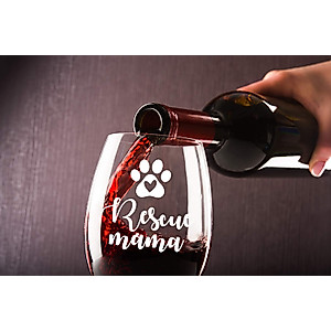 Rescue Mama 15oz Stemless Crystal Wine Glass - Unique Birthday Gift For Dog Mom, Dog Dad, Animal Rescue Fur Mama Vet Dog Cat Lover Gifts For Men or Women Cute Paw Gag Novelty Gift - CBT Wine Glasses