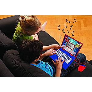 LEXiBOOK JC598SPi4 Marvel Spiderman-Educational and Bilingual Laptop Portuguese/English-Girls Toy with 124 Activities to Learn, Play Games and Music with Elsa & Anna-Blue/Red