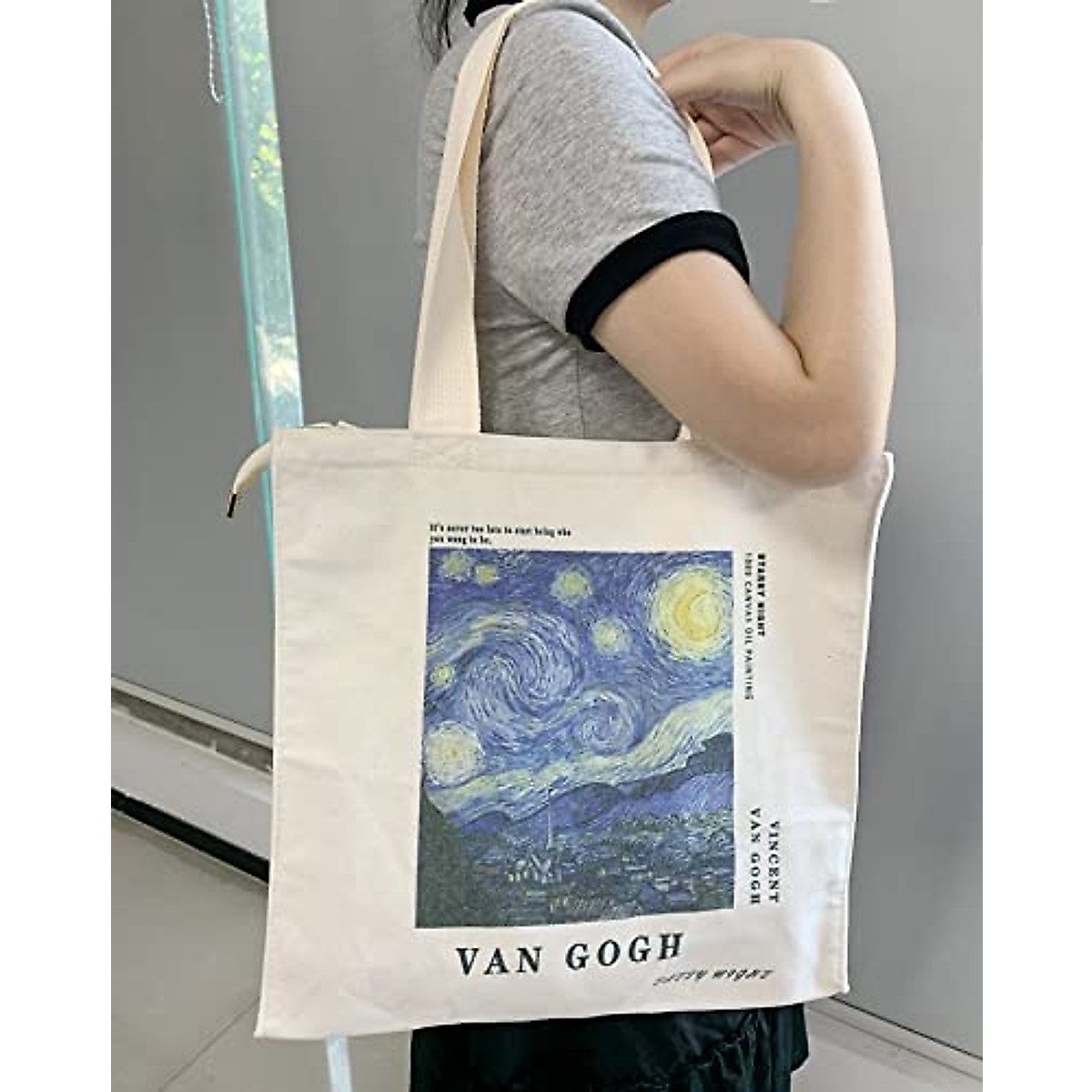 Canvas Aesthetic Tote Bag with Zipper Interior Pocket Shoulder Tote Bags for Women School Shopping