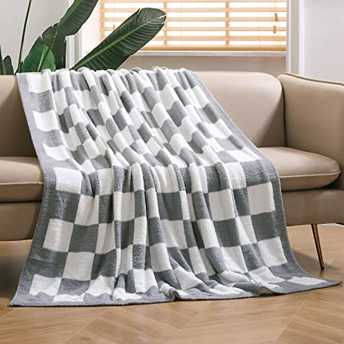 Sunyrisy Throw Blankets Checkered Reversible Plush Fleece Blanket, Super Soft Warm Cozy Throw Blanket for Couch, Decor, Bed, Chair, Knitted Fluffy Blanket, Light Grey 51''x67''