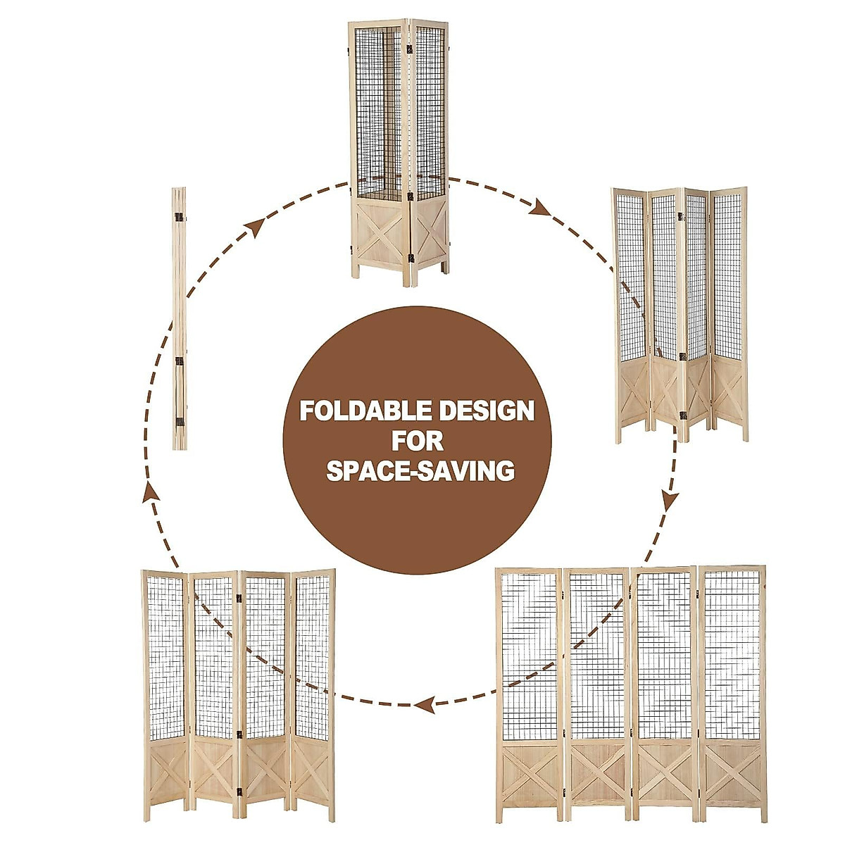 Wnutrees 4 Panel Gridwall Display, Portable Freestanding Display Board for Craft/Art Shows, Retail, Events, Decorative Wood Room Divider Folding Screens, Natural