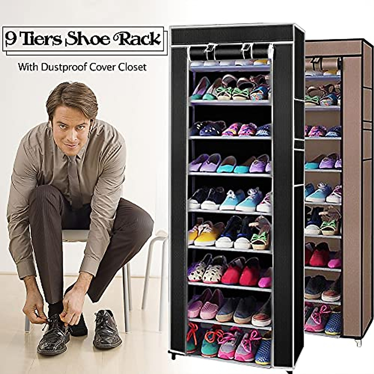 Mekek Black Shoe Rack, Free Standing Shoe Racks 9 Tier - Portable Row Shoe Rack Organizer Tower for Closet with Nonwoven Fabric Cover (Black)