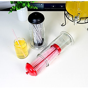 Straw Dispenser with Stainless Steel Lid | Glass Red Straw Holder for Counter with Lid | Drinking Straw Dispensers | Straw Container | Holds Straws up to 8.5 Inches, Red