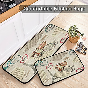 ALAZA Vintage Paris Eiffel Tower France Newspaper 2 Piece Kitchen Rug Floor Mat Set Runner Rugs Non-Slip for Kitchen Laundry Office 20" x 28" + 20" x 48"