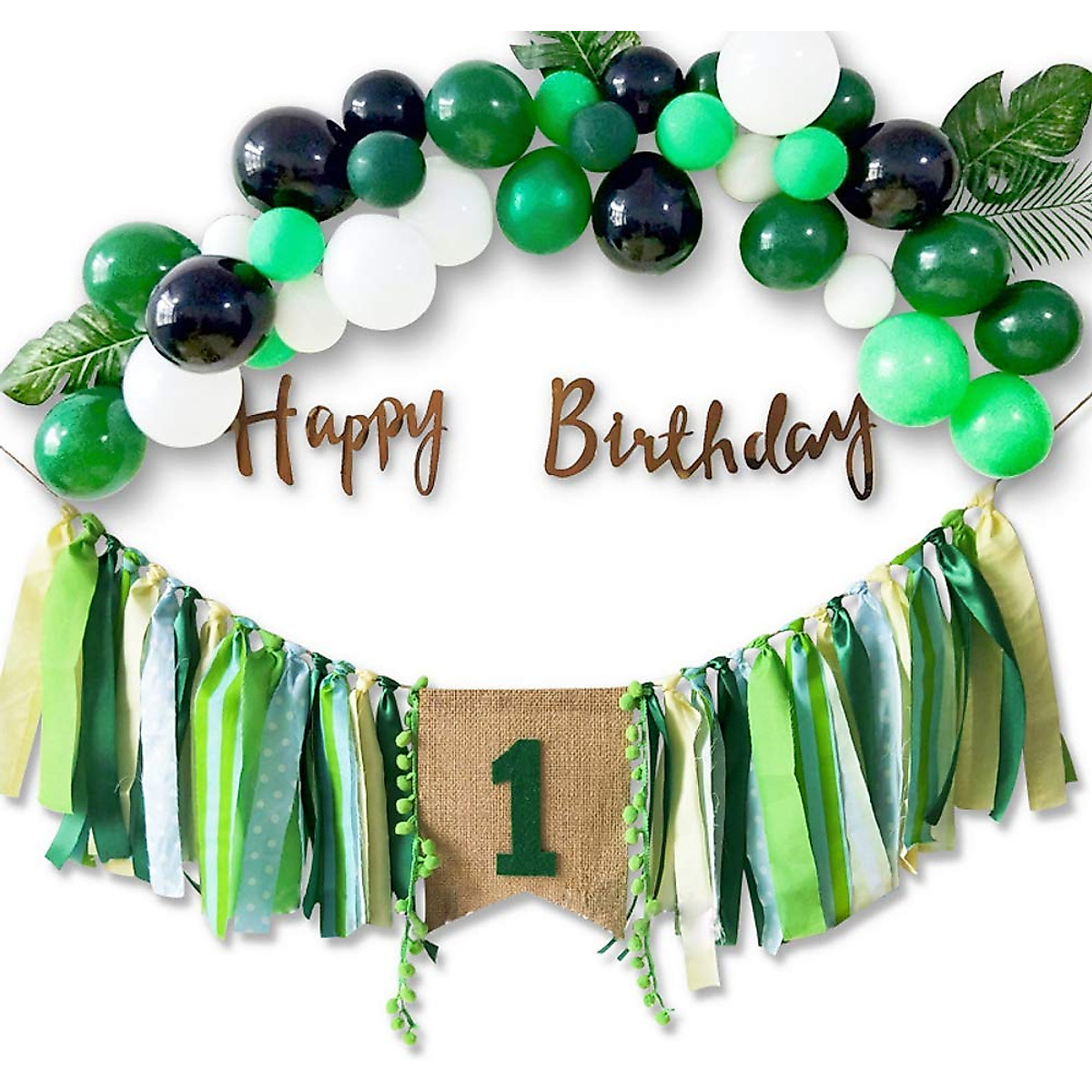 Jungle Theme Baby First Birthday Party Decorations Kit for Baby Boy's Girl's，1st Birthday Decorations for Photo Booth Props,Green Burlap Highchair Banner for 1st Birthday Decorations