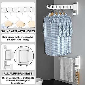 NUTSAAKK 2 Pack Folding Wall Mounted Clothes Hanger Rack with Swing Arm, Laundry Room Clothes Hanger Wall Mounted, Clothes Drying Rack with 6 Holes, 180°Rotation, Solid Aluminum (White)